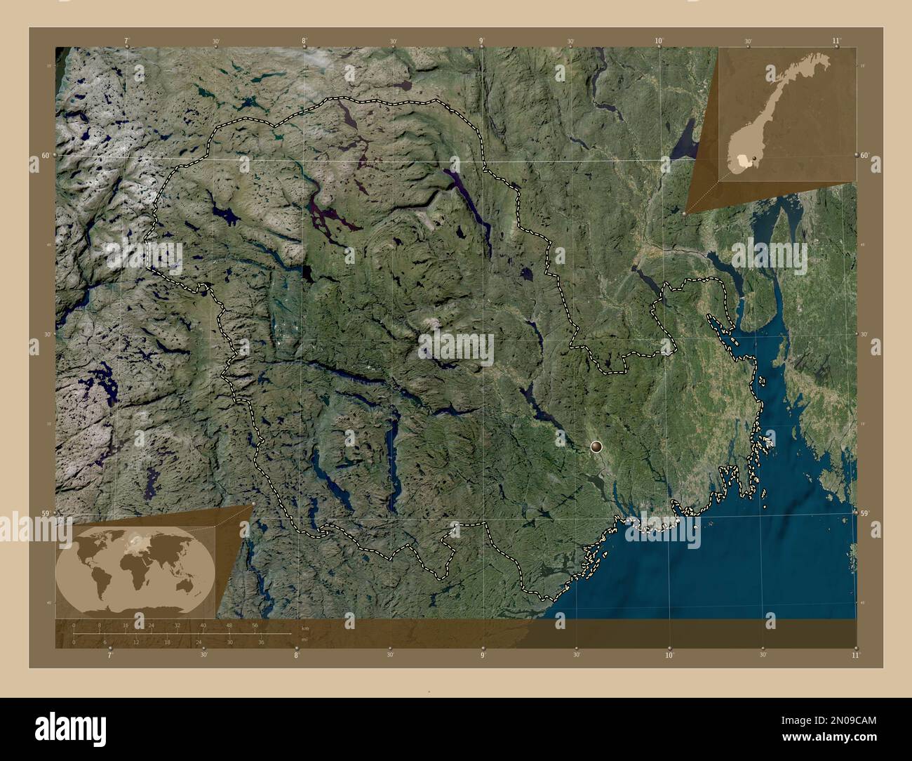 Vestfold og Telemark, county of Norway. Low resolution satellite map. Corner auxiliary location ...