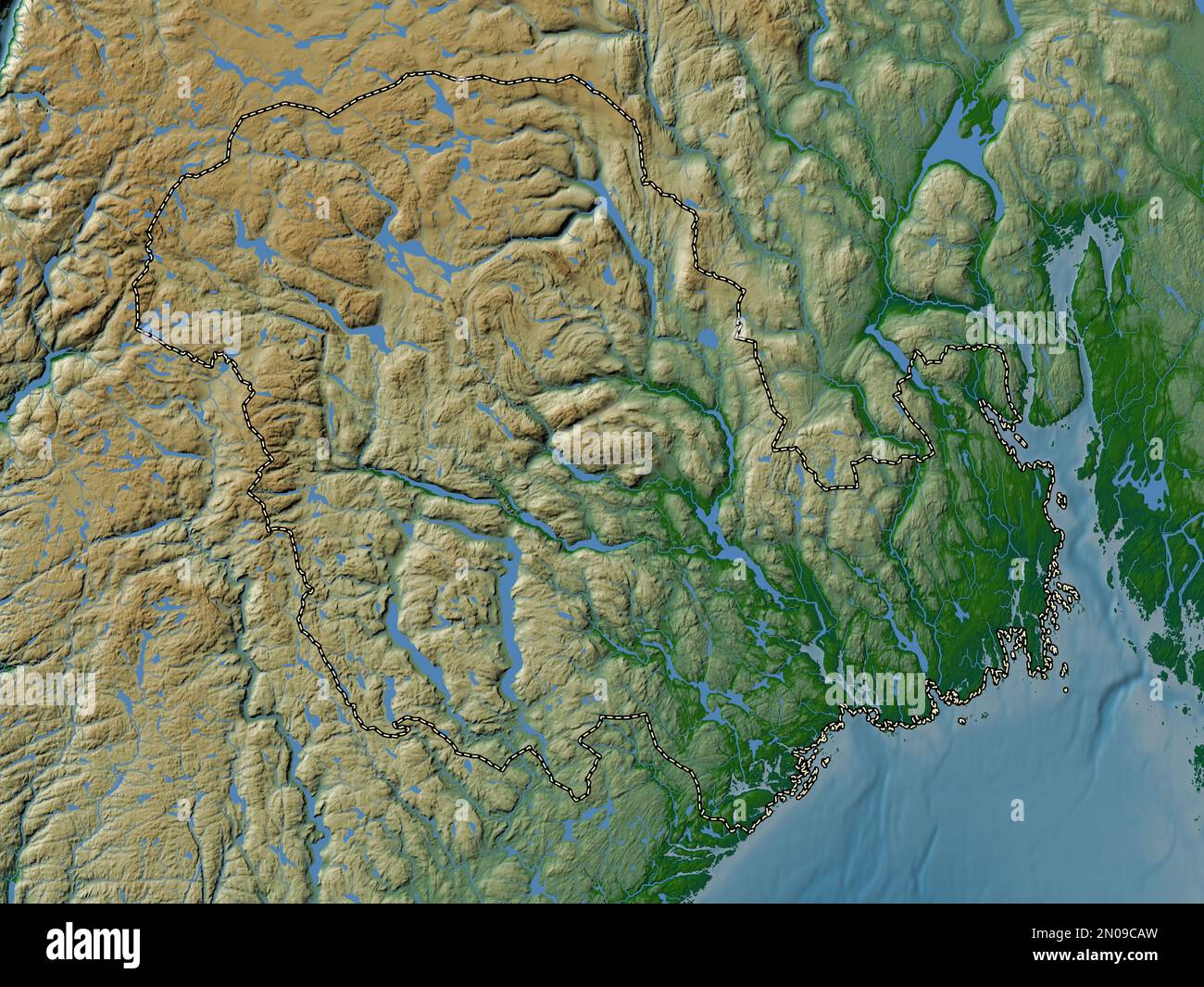 Vestfold og Telemark, county of Norway. Colored elevation map with ...