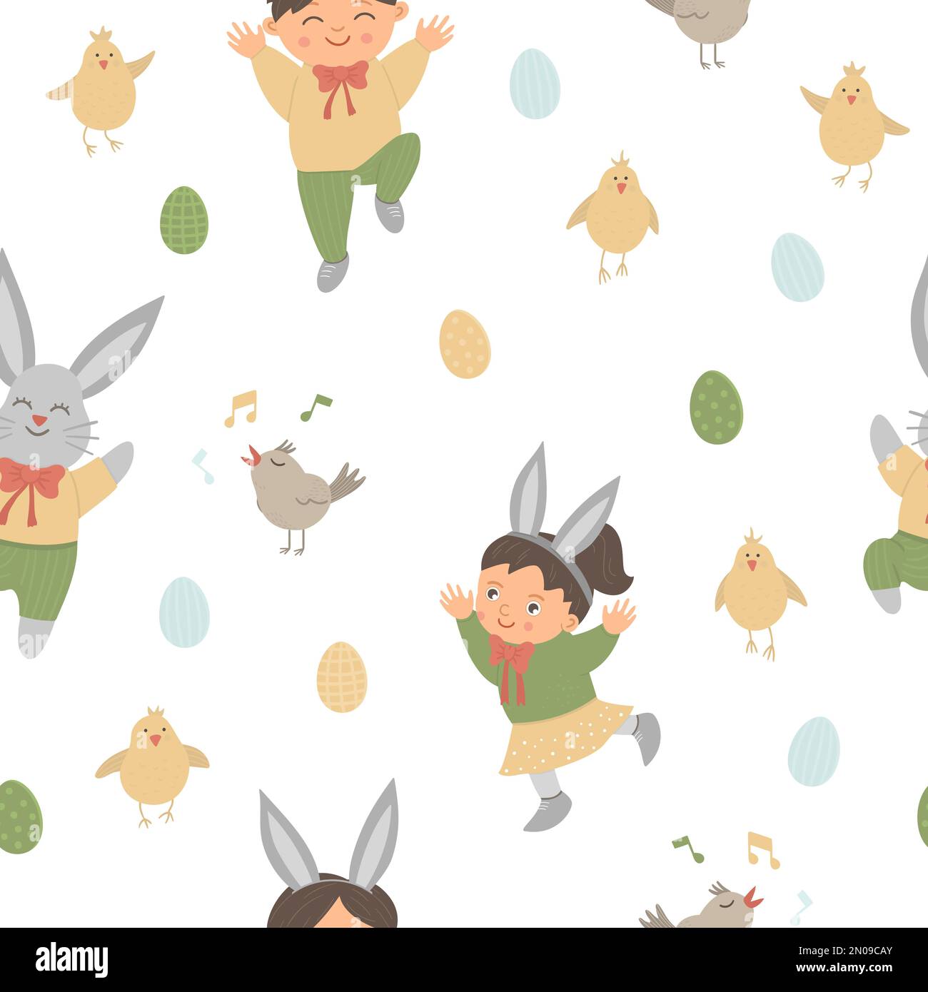 Vector seamless pattern with cute funny bunny and happy children with ...