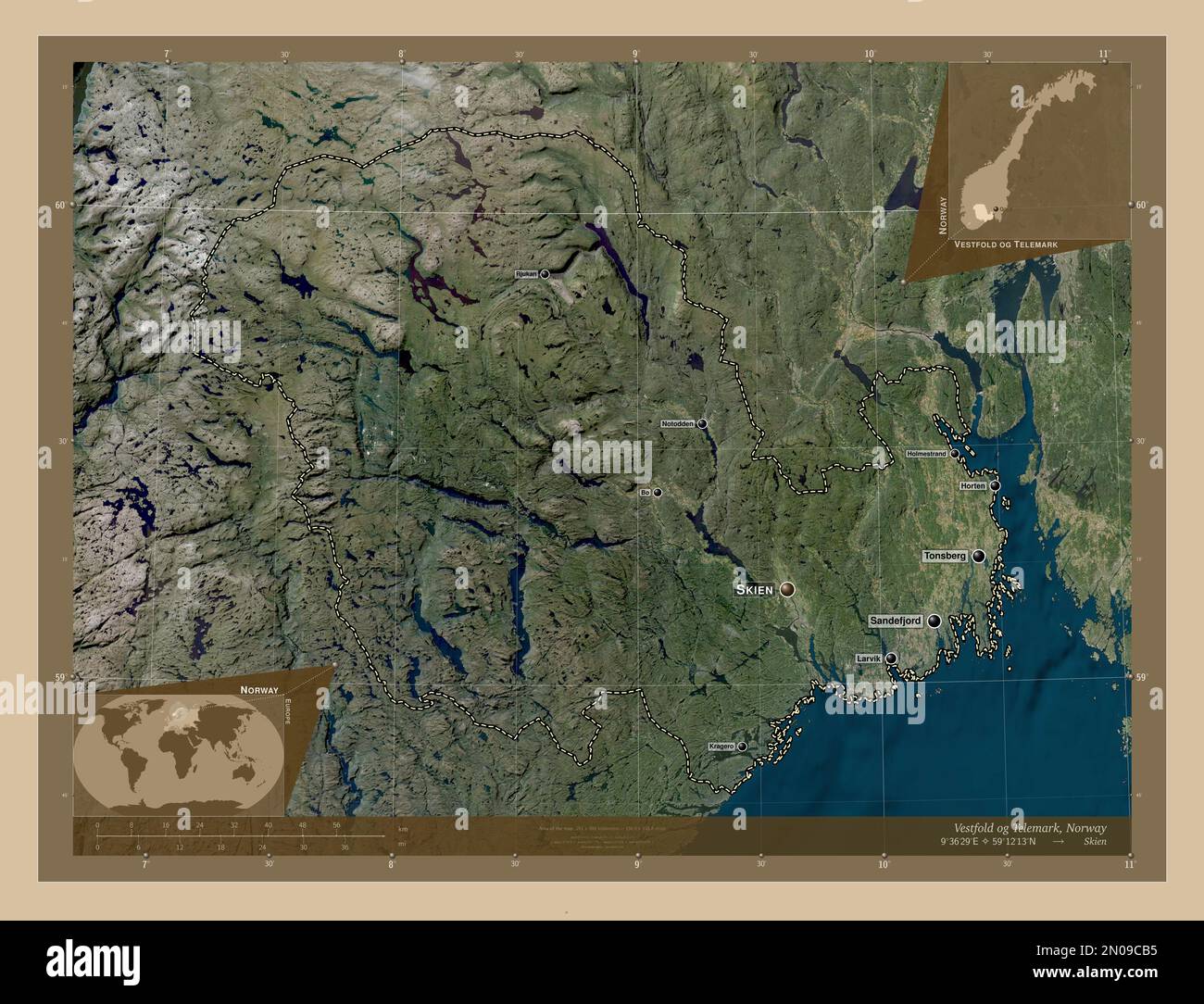 Vestfold og Telemark, county of Norway. Low resolution satellite map ...