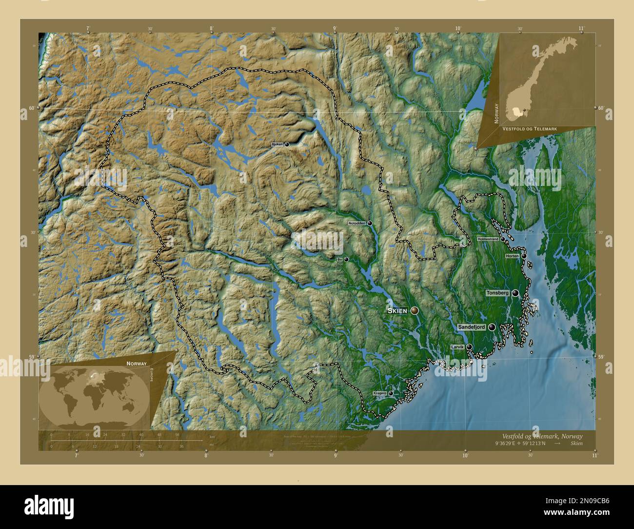 Vestfold og Telemark, county of Norway. Colored elevation map with ...