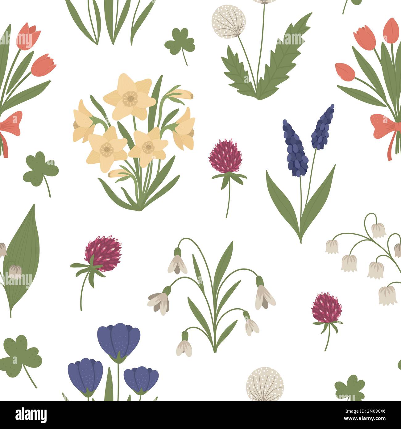 Vector seamless pattern with cute flat spring flowers. First blooming ...
