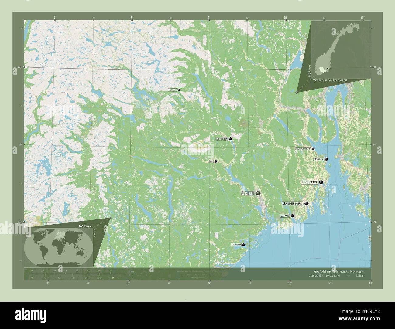 Vestfold og Telemark, county of Norway. Open Street Map. Locations and ...