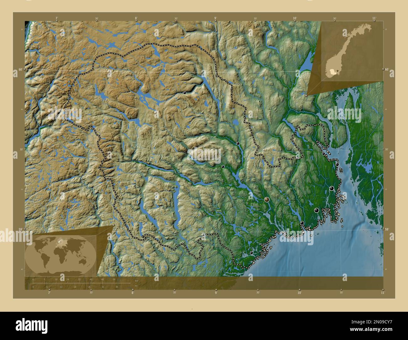 Vestfold og Telemark, county of Norway. Colored elevation map with ...