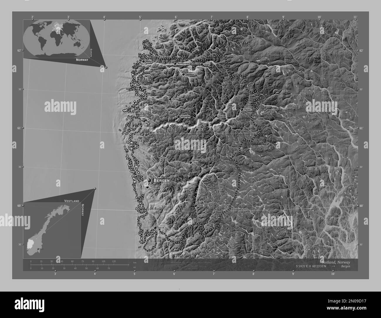 Vestland, county of Norway. Grayscale elevation map with lakes and ...