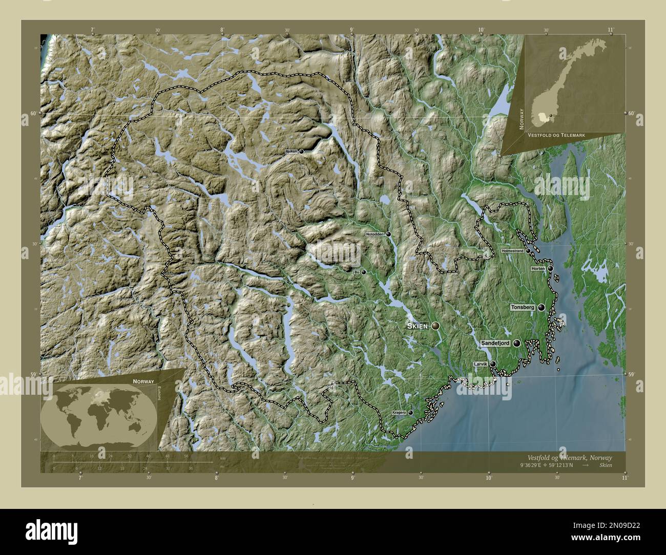 Vestfold og Telemark, county of Norway. Elevation map colored in wiki ...