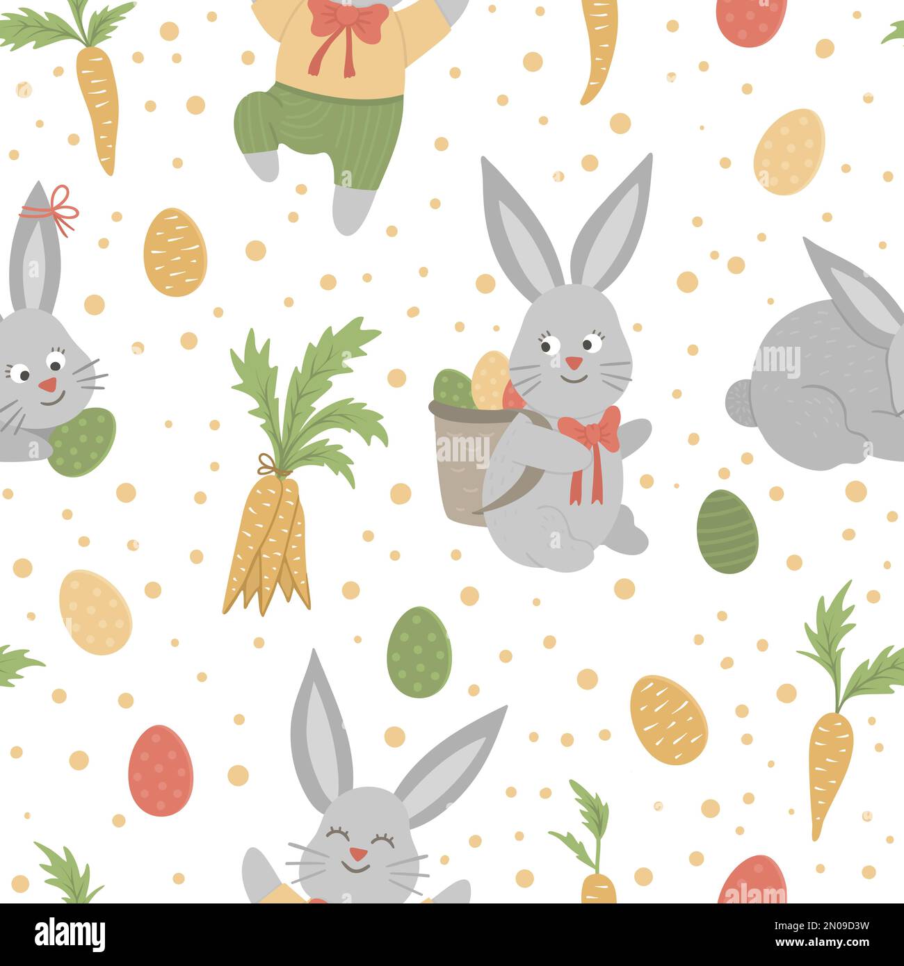 Vector seamless pattern with cute funny Easter bunnies, colored eggs ...