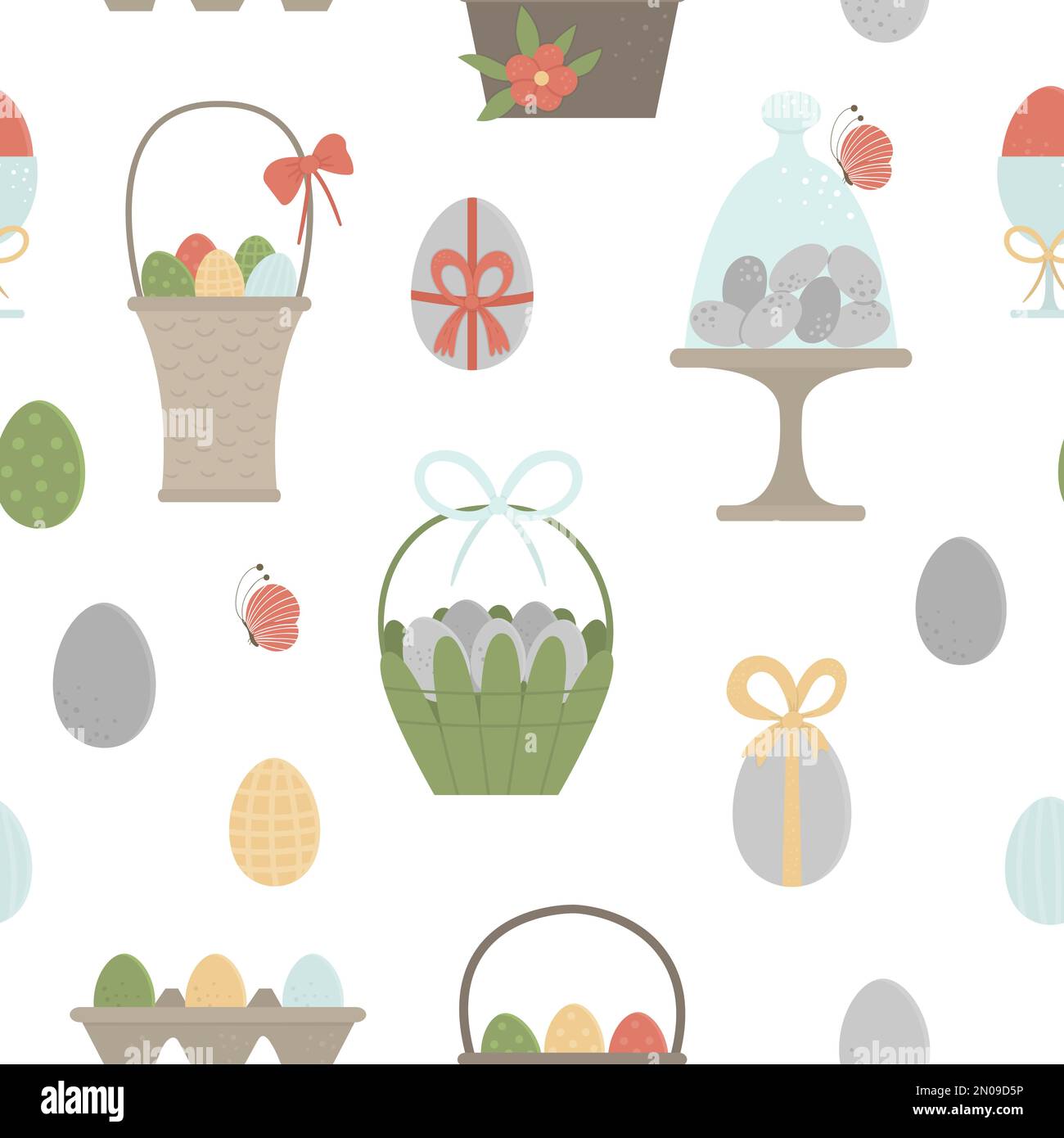 Vector seamless pattern with colored eggs, baskets, packaging with bows, butterfly and flowers ...