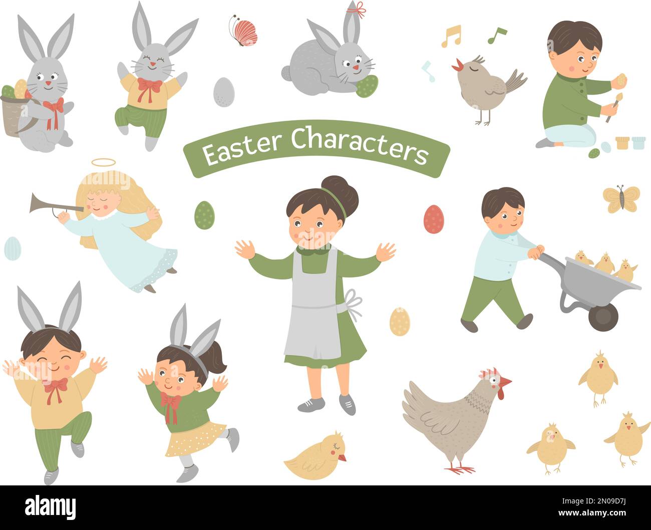 Collection of Easter characters. Vector set with cute bunny, children ...