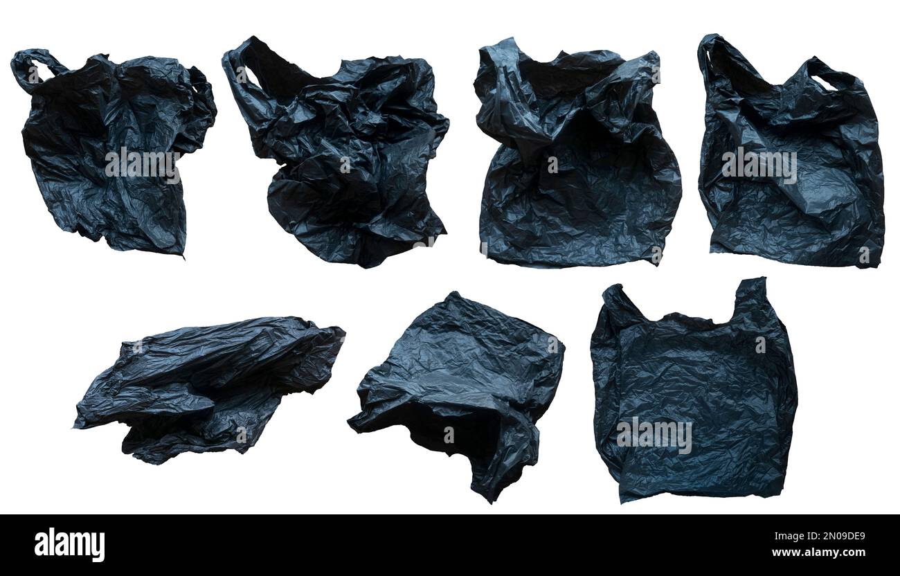 A set of different shape and form of black plastic bag isolated on ...