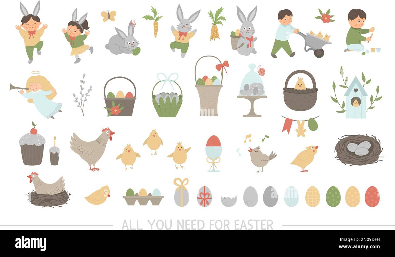 Big collection of design elements for Easter. Vector set with cute ...