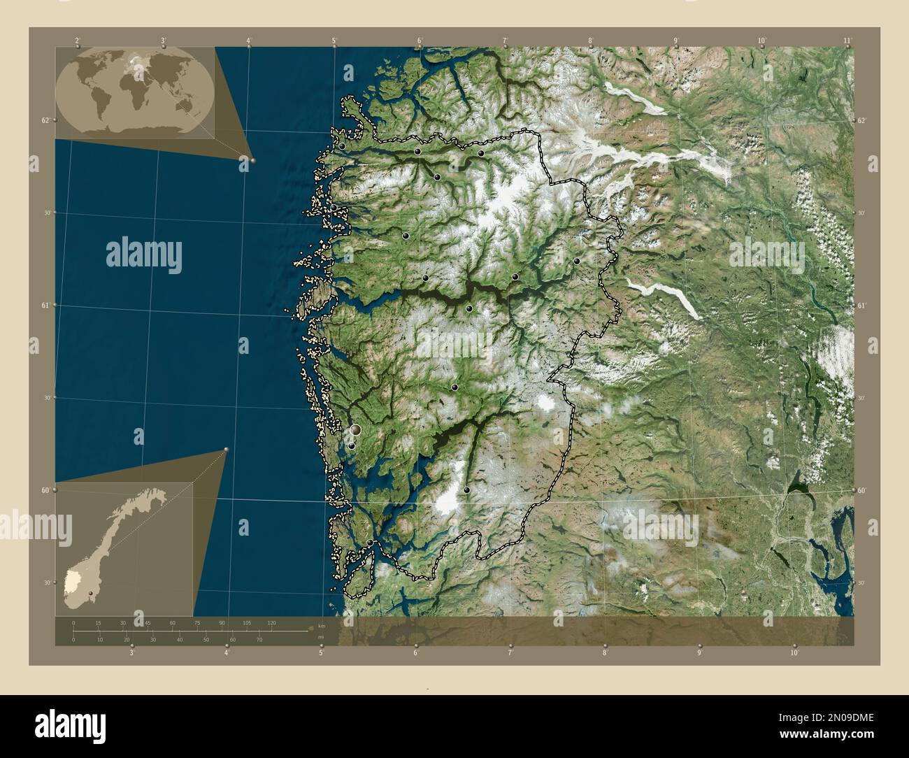 Vestland, county of Norway. High resolution satellite map. Locations of ...