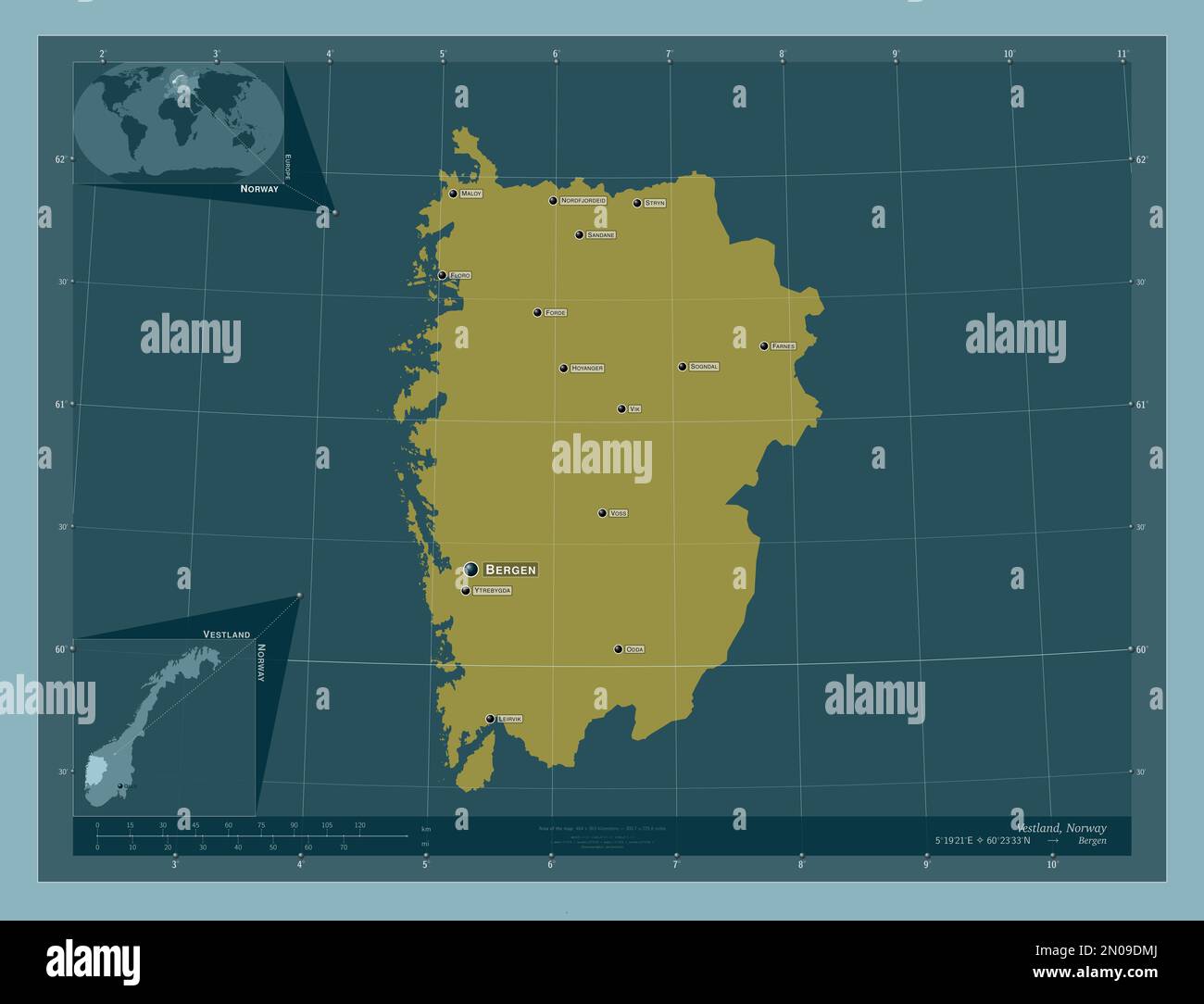 Vestland, county of Norway. Solid color shape. Locations and names of ...