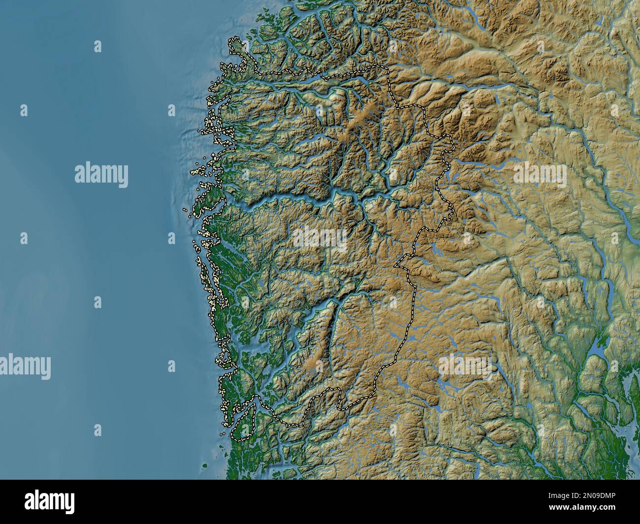 Vestland, county of Norway. Colored elevation map with lakes and rivers ...