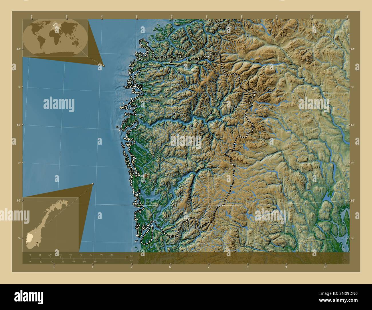 Vestland, county of Norway. Colored elevation map with lakes and rivers ...
