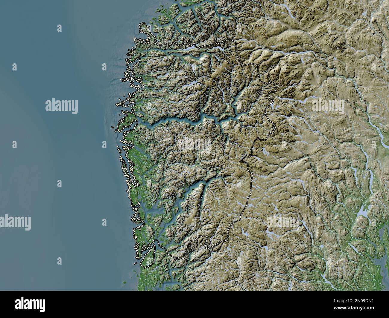 Vestland, county of Norway. Elevation map colored in wiki style with ...