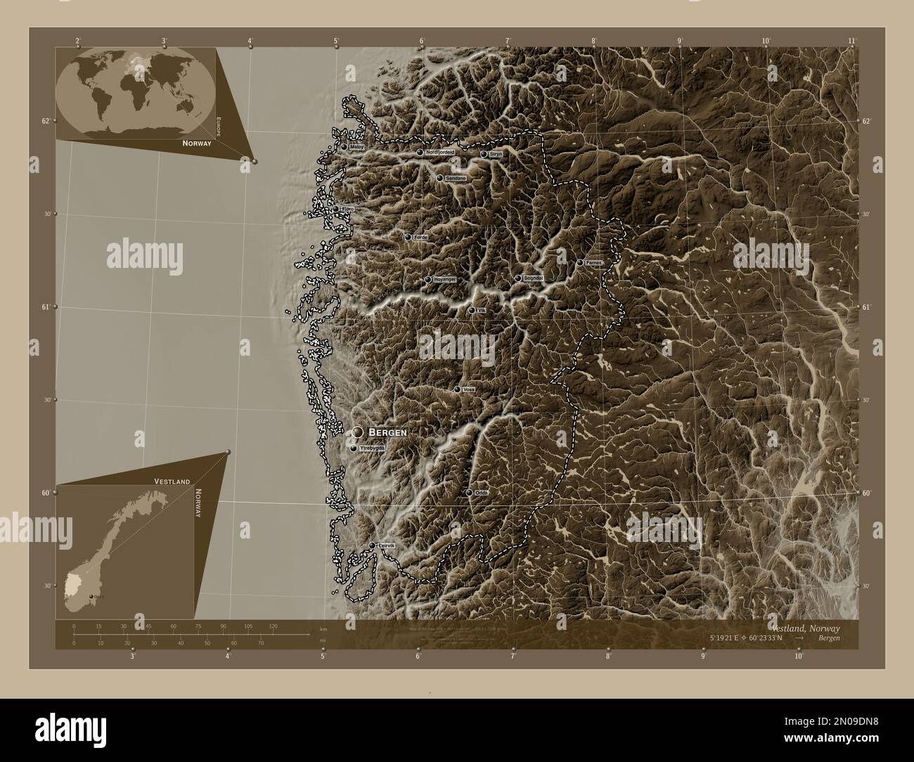 Vestland, county of Norway. Elevation map colored in sepia tones with ...