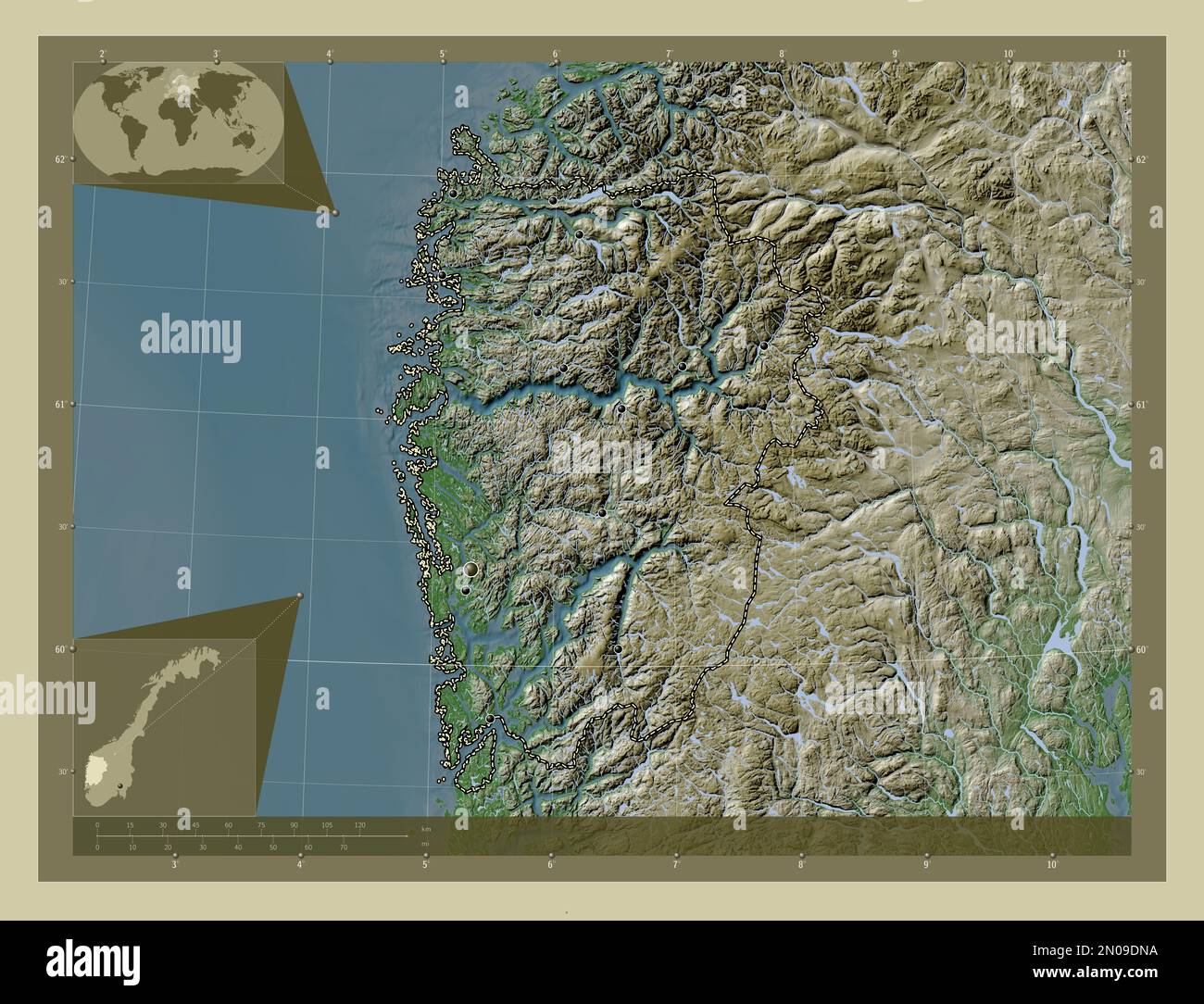 Vestland, county of Norway. Elevation map colored in wiki style with ...