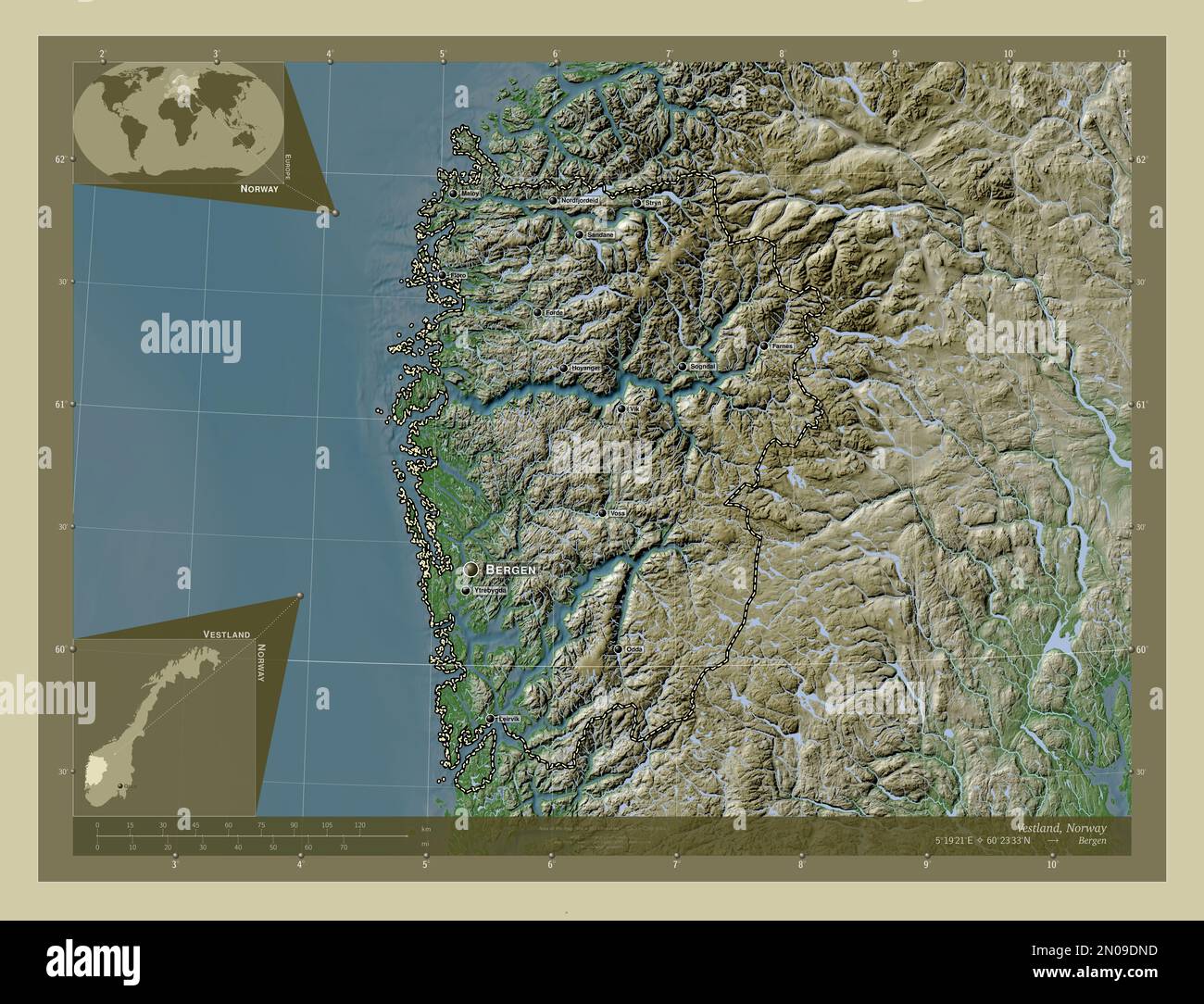 Vestland, county of Norway. Elevation map colored in wiki style with ...