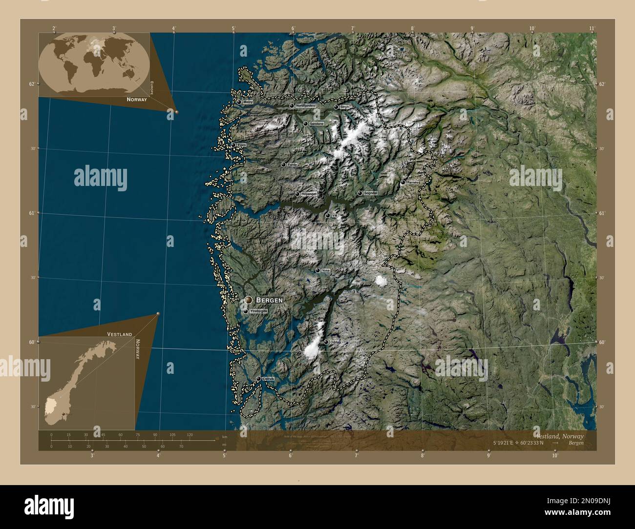 Vestland, county of Norway. Low resolution satellite map. Locations and ...