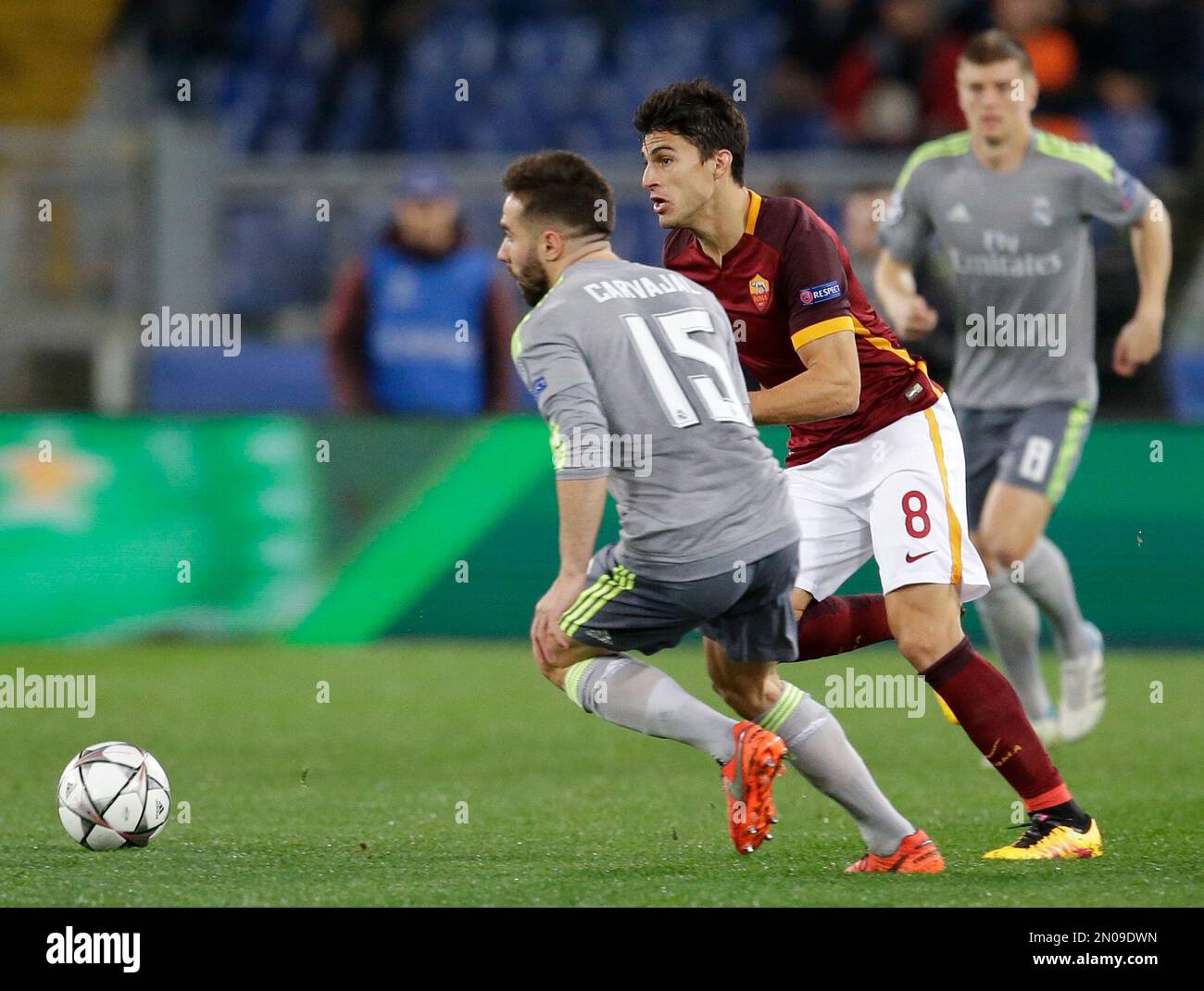 Roma's Diego Perotti, right, and Real Madrid's Dani Carvajal go for the ...