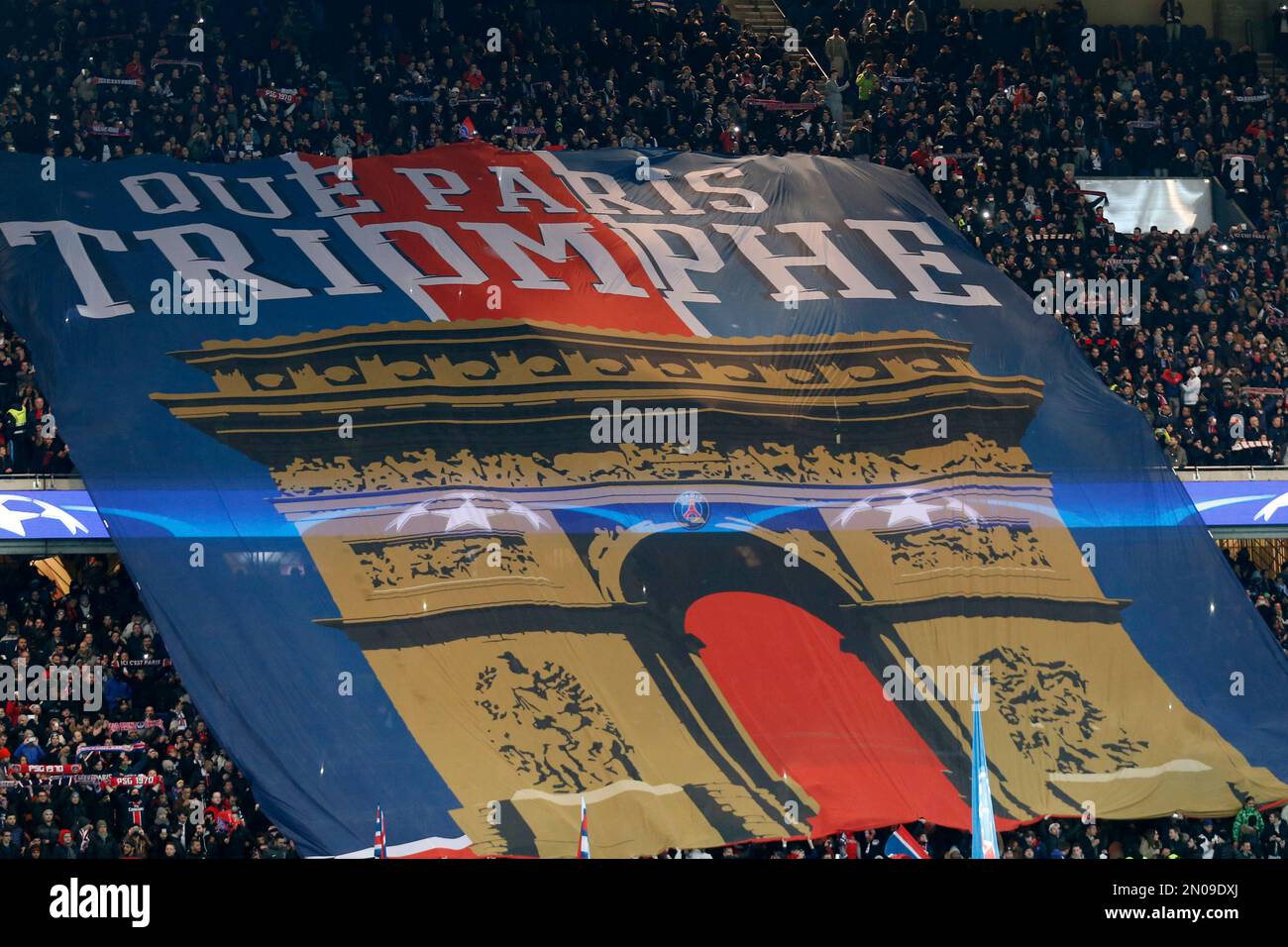 PSG's fans display a giant banner with the Arc de Triomphe during the ...