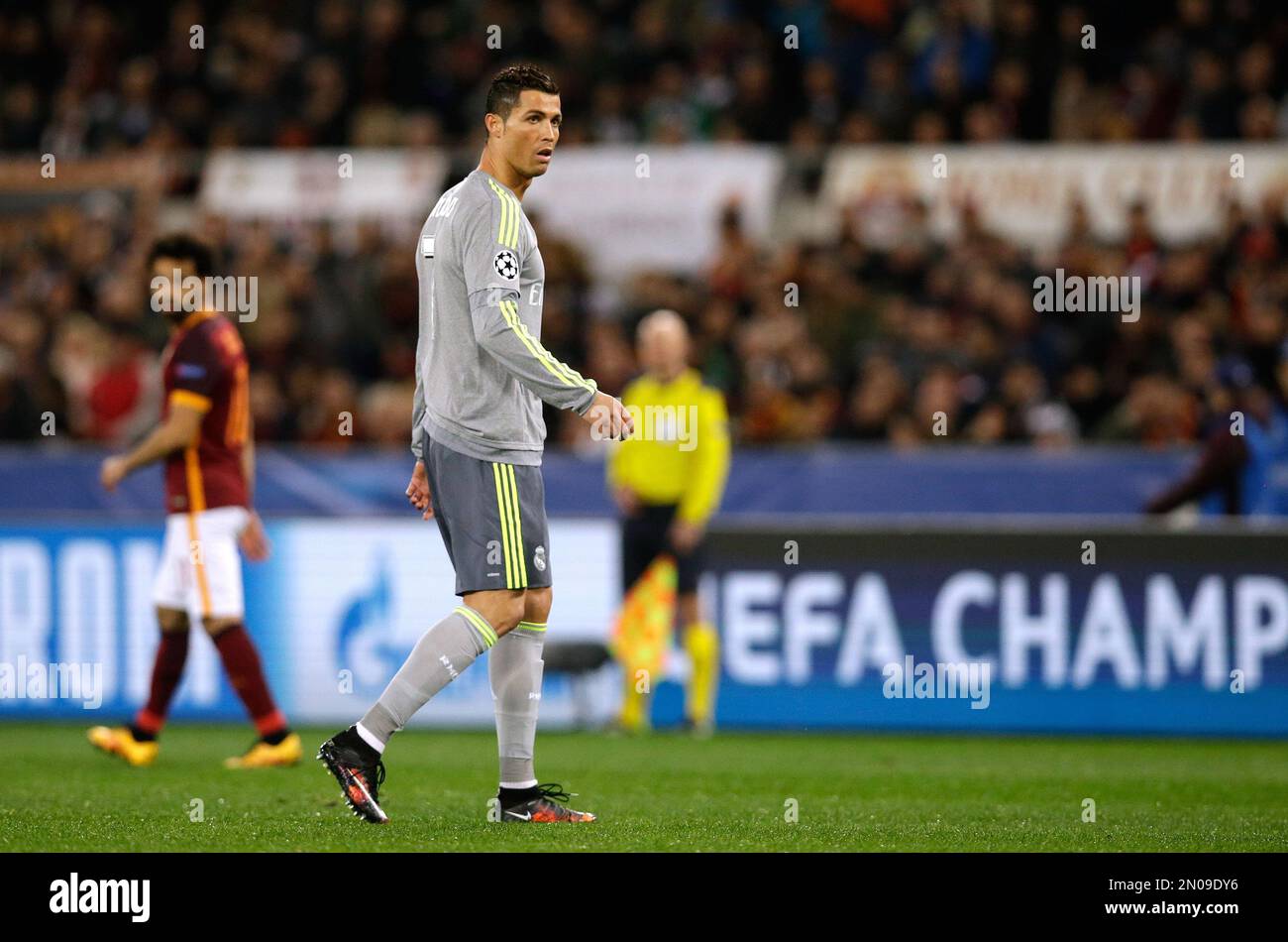 Real Madrid's Cristiano Ronaldo walks on the pitch during a Champions ...