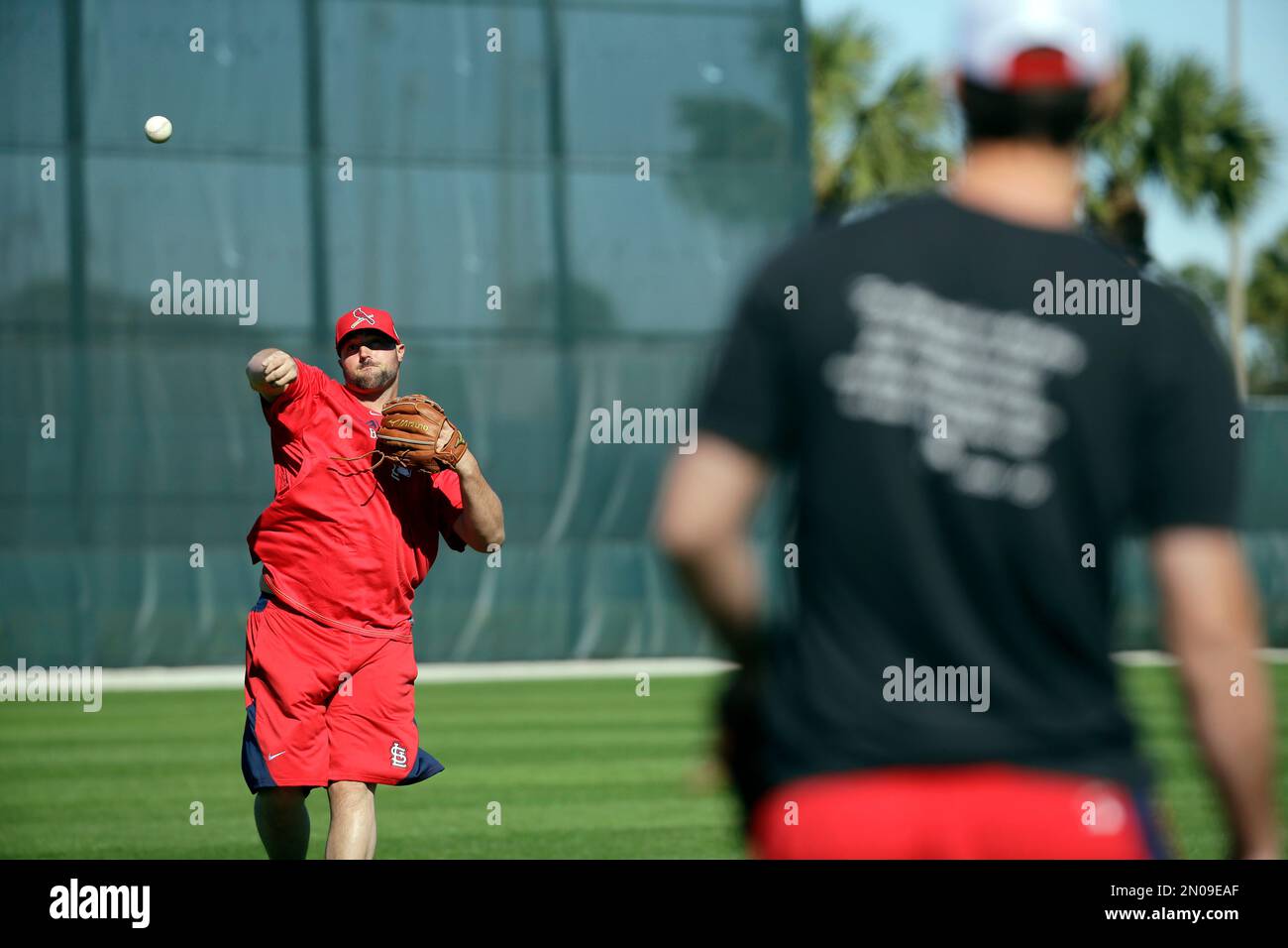 St. Louis Cardinals pitcher Jonathan Broxton, left, plays catch with ...