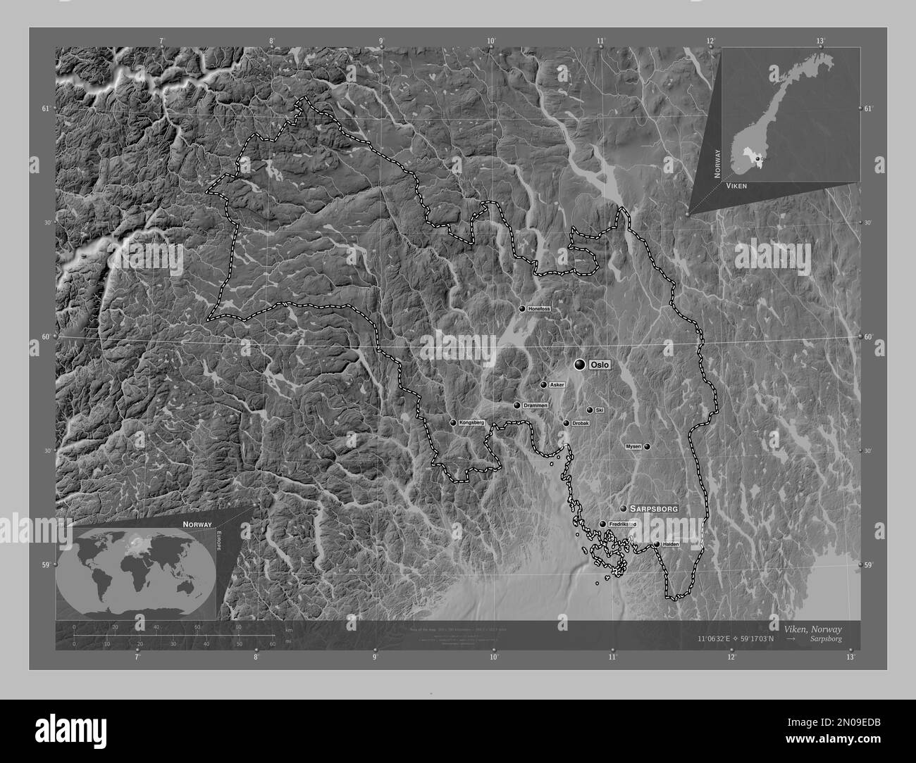 Viken, county of Norway. Grayscale elevation map with lakes and rivers ...