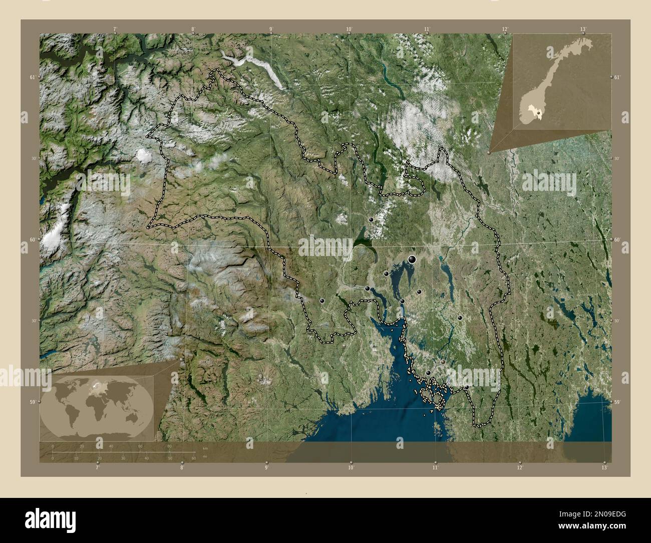Viken, county of Norway. High resolution satellite map. Locations of ...