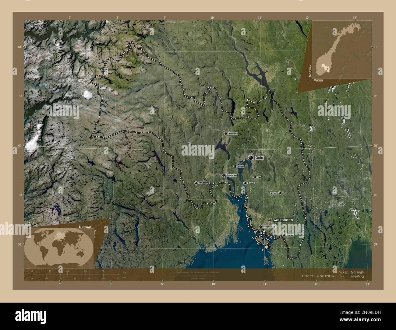 Viken, county of Norway. Low resolution satellite map. Locations and ...
