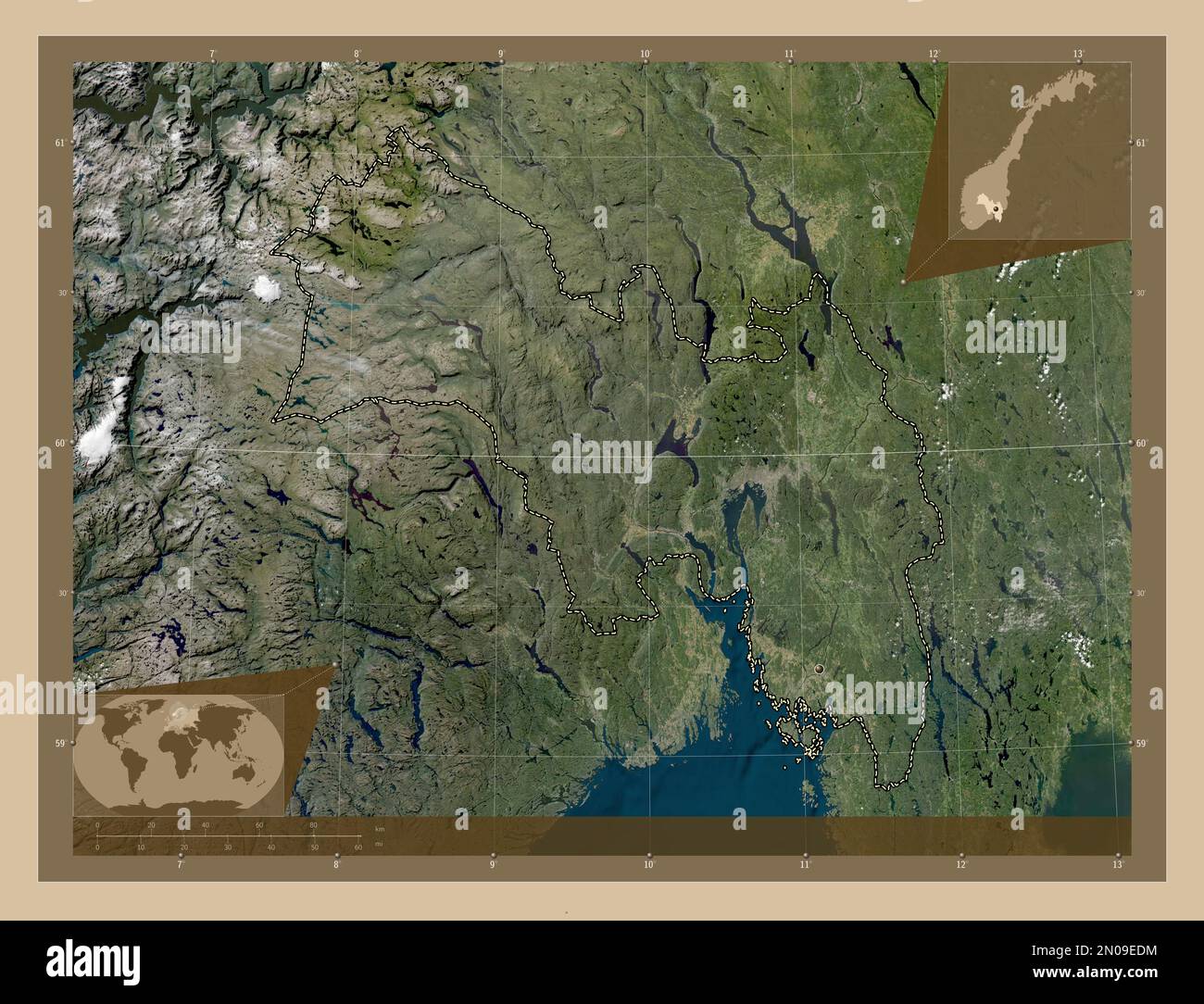 Viken, county of Norway. Low resolution satellite map. Corner auxiliary ...
