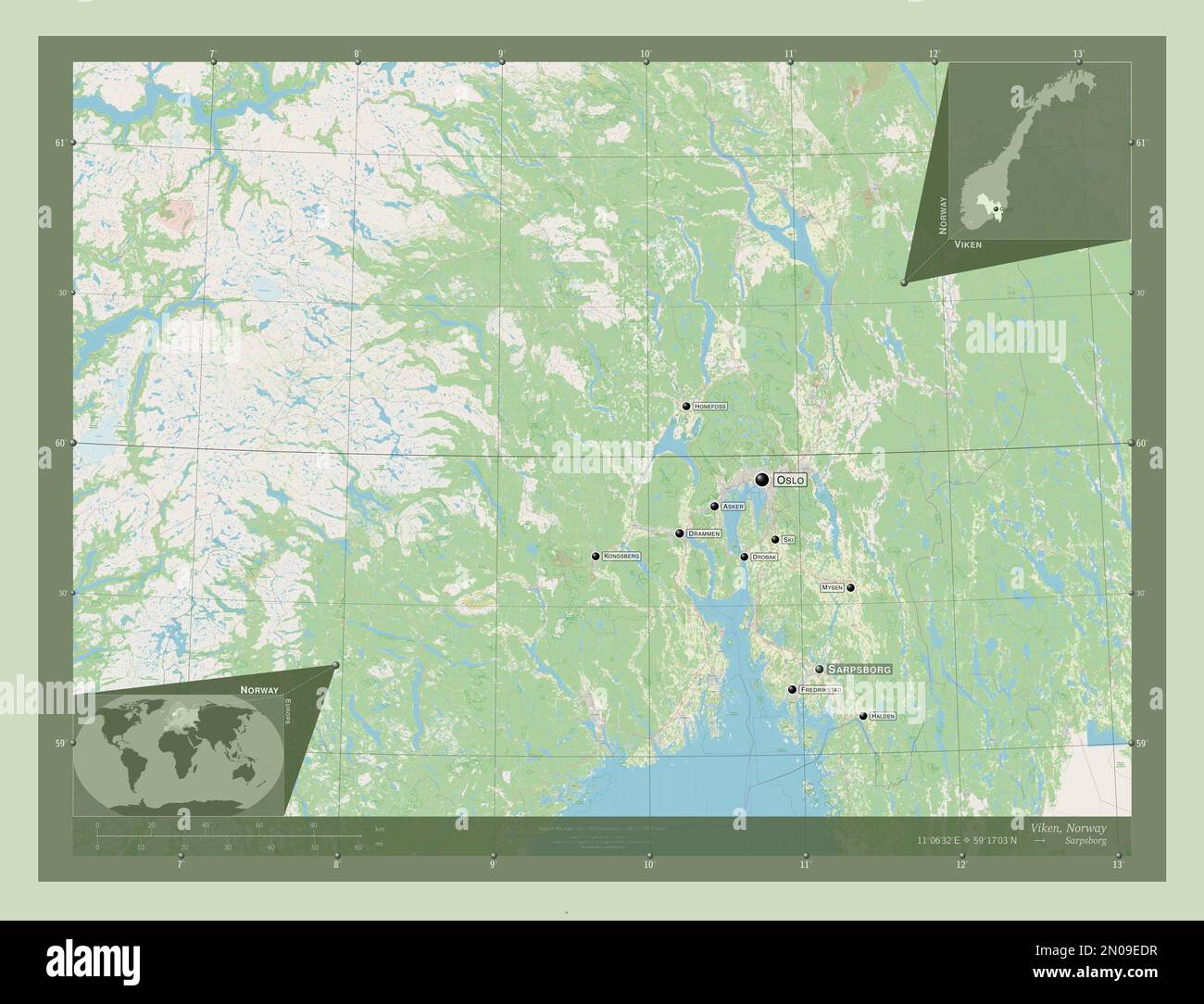 Viken, county of Norway. Open Street Map. Locations and names of major ...
