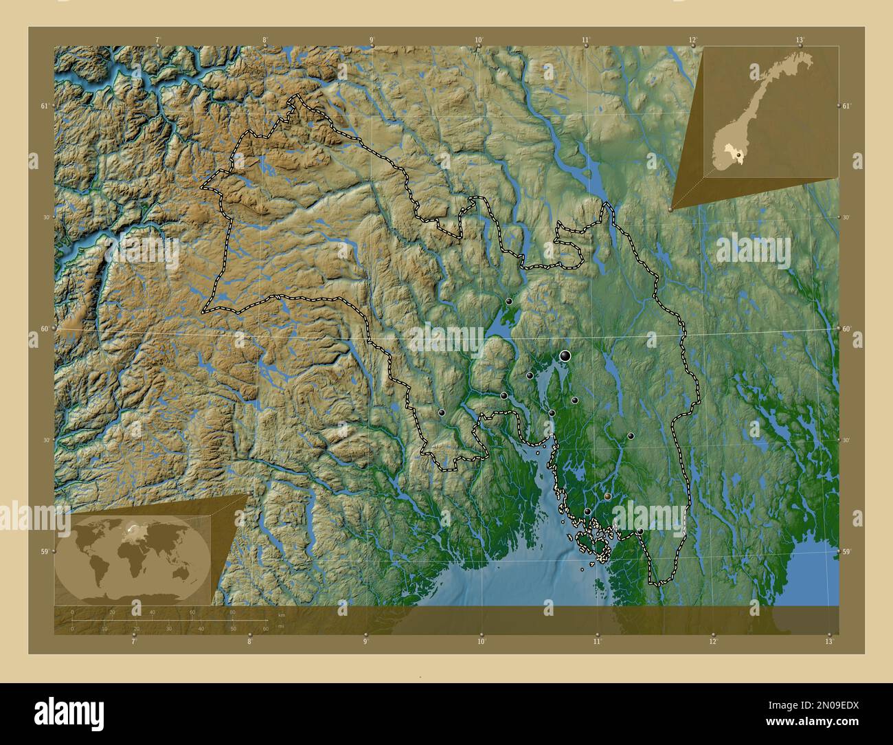 Viken, county of Norway. Colored elevation map with lakes and rivers ...