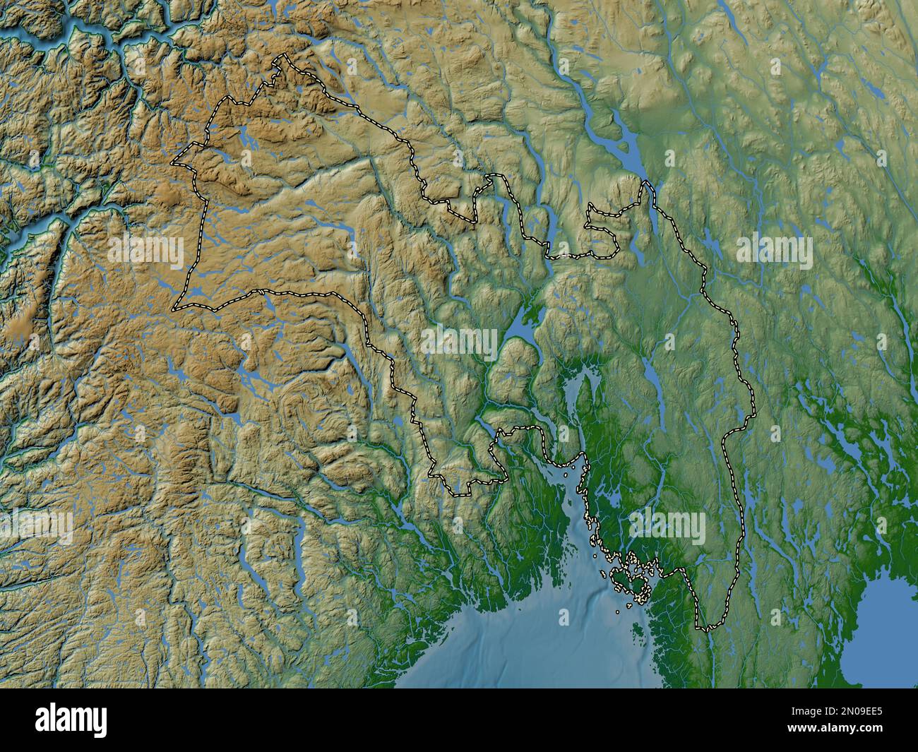 Viken, county of Norway. Colored elevation map with lakes and rivers ...