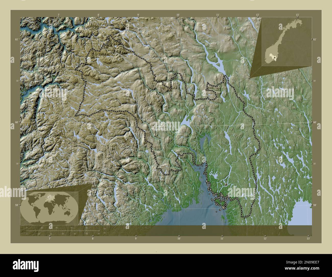 Viken, county of Norway. Elevation map colored in wiki style with lakes ...