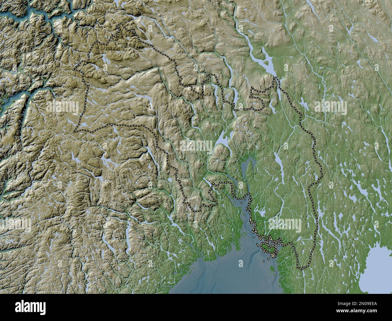 Viken, county of Norway. Elevation map colored in wiki style with lakes ...