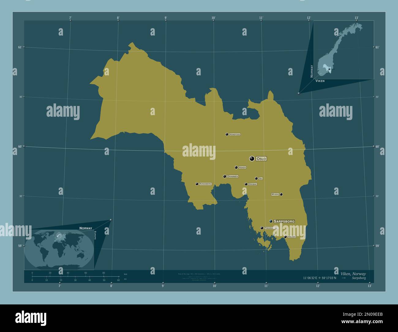 Viken, county of Norway. Solid color shape. Locations and names of ...