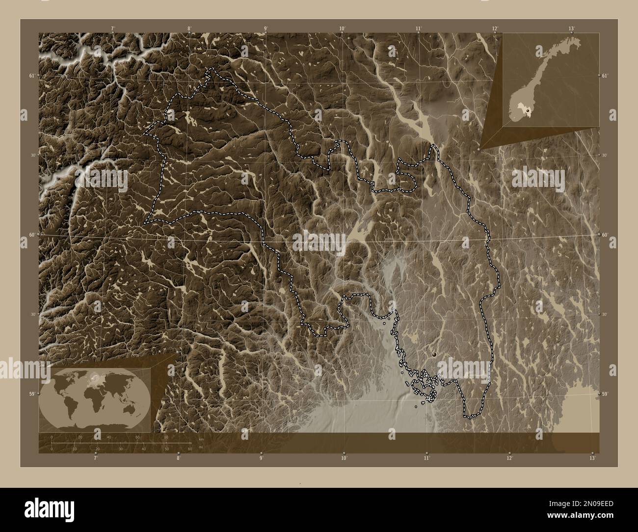 Viken, county of Norway. Elevation map colored in sepia tones with ...