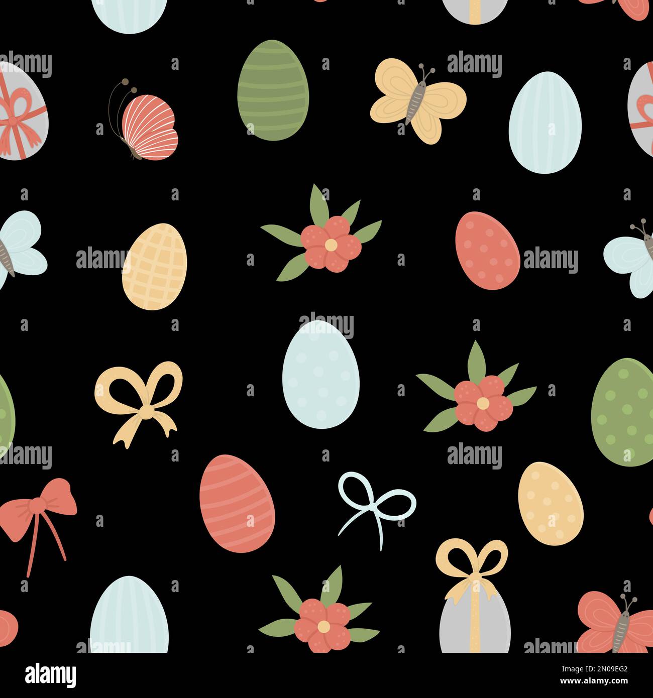 Vector seamless pattern with colored eggs, bows, butterfly and flowers ...