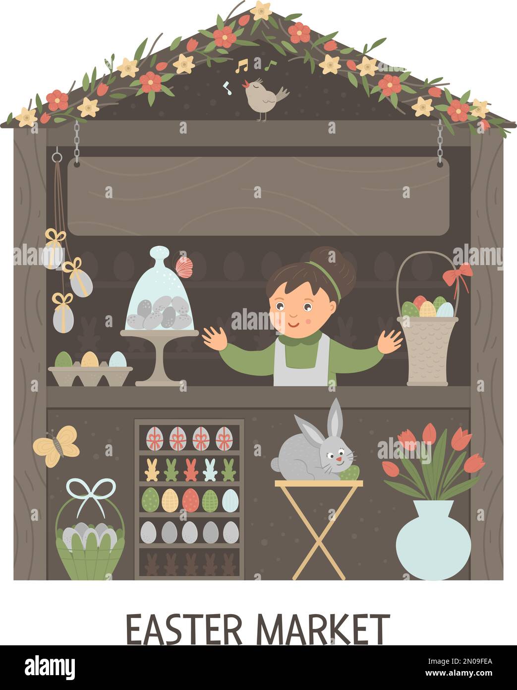 Vector illustration of Easter market stall with saleswoman with place ...
