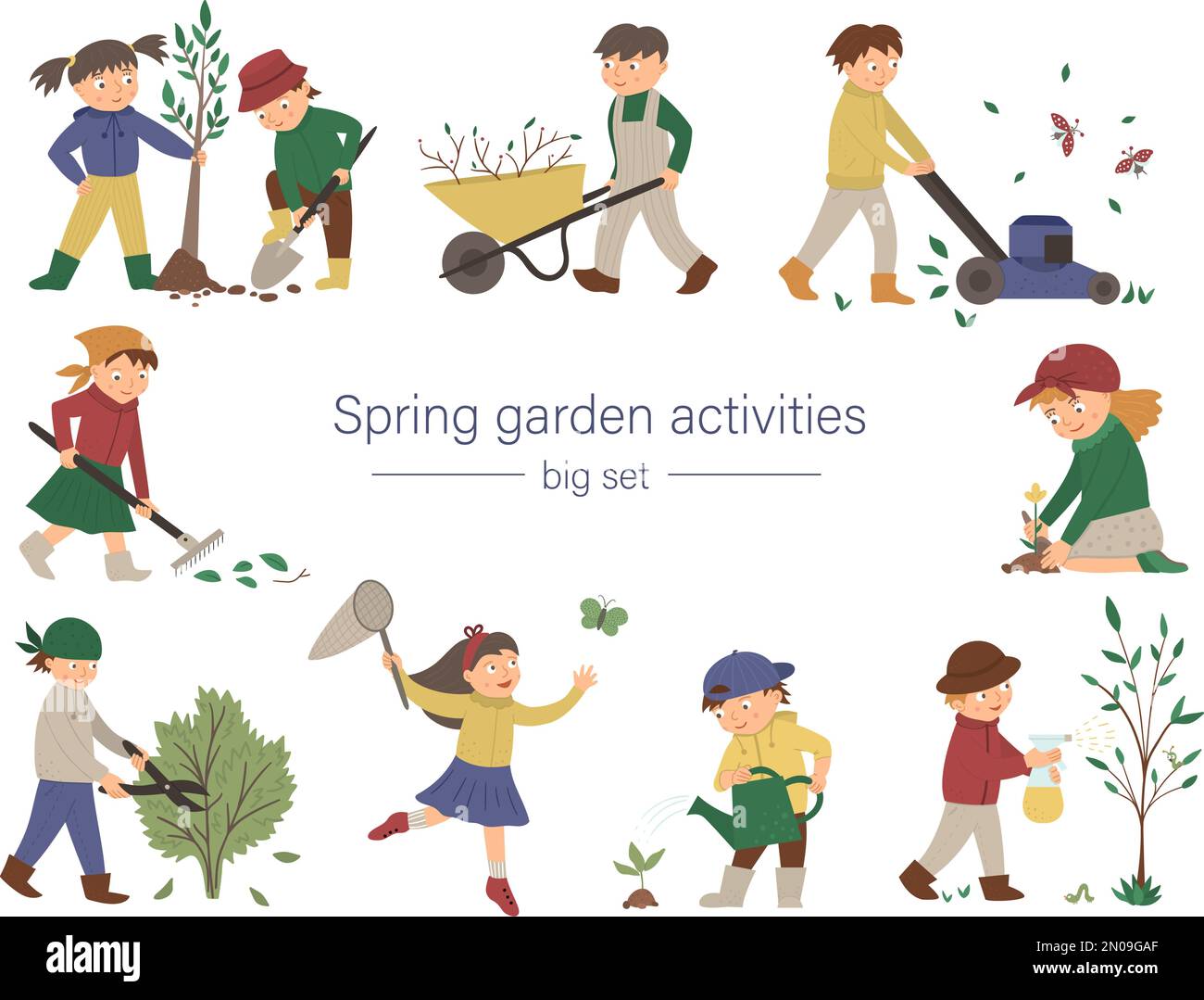 Vector set of children doing garden work. Spring collection of kids ...