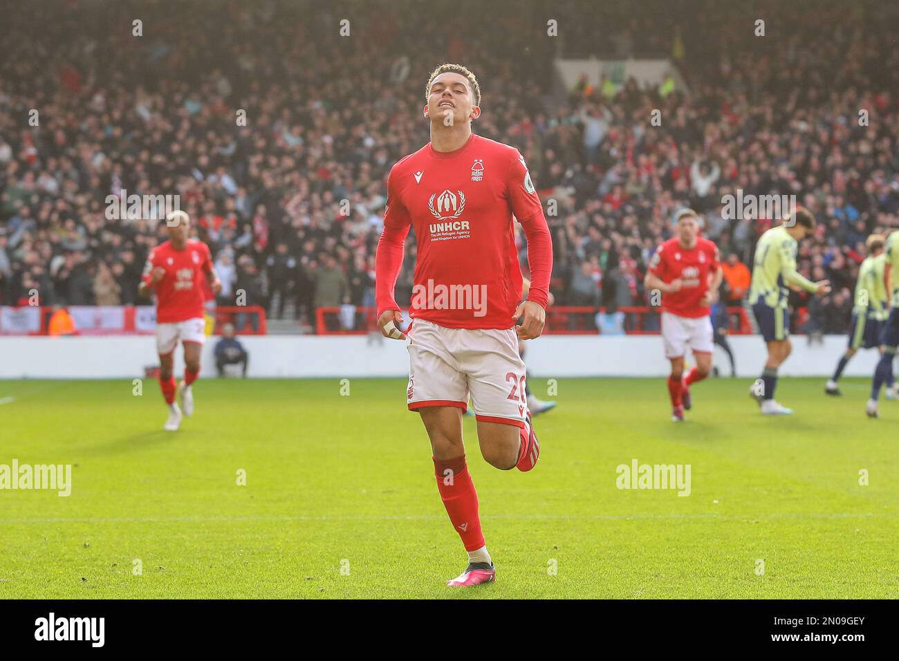 Brennan Johnson #20 of Nottingham Forest celebrates his goal to make it ...