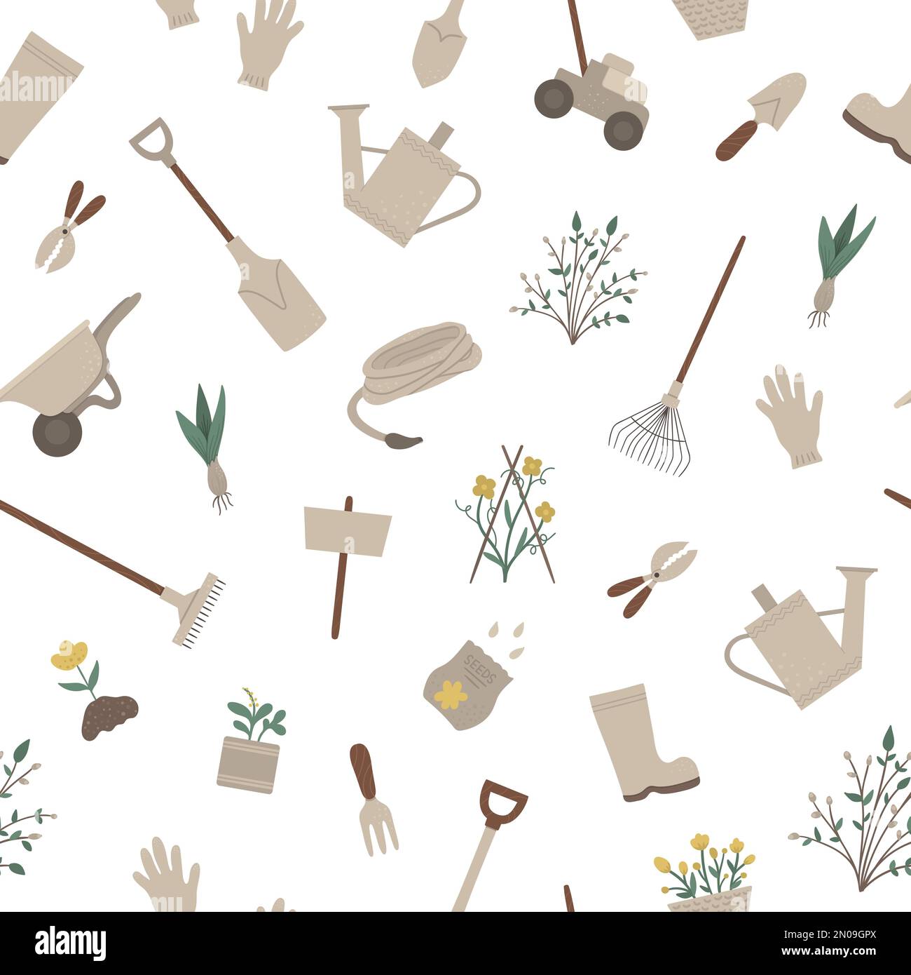 Vector seamless pattern with garden tools, flowers, herbs, plants ...