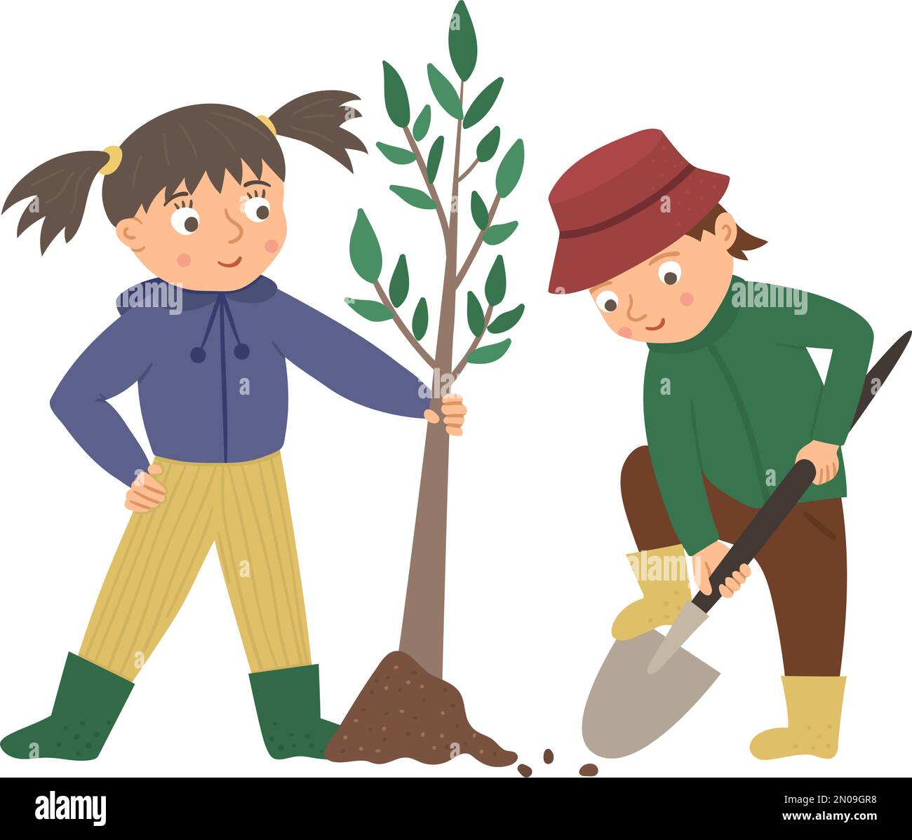 Vector illustration of children planting tree isolated on white ...