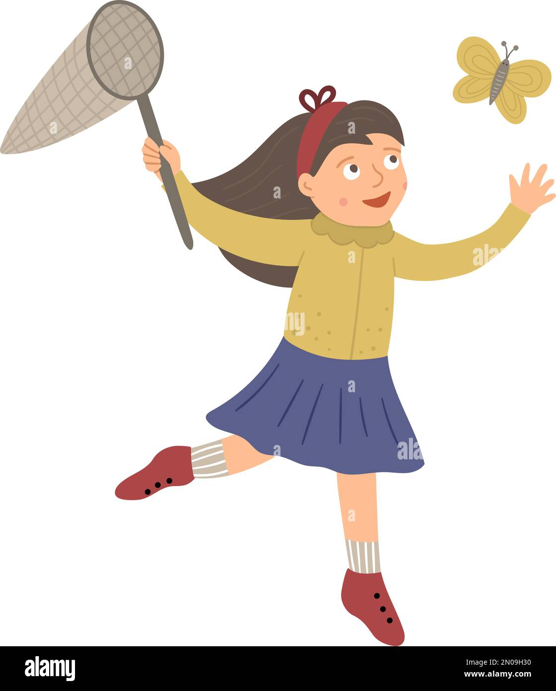 Vector illustration of a girl catching butterfly with a net isolated on ...