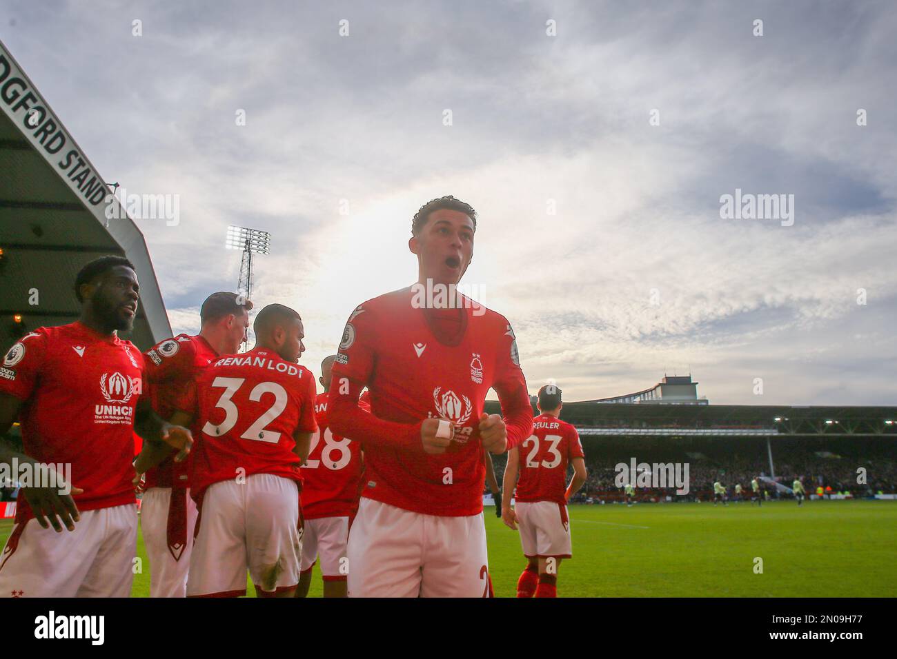Brennan Johnson #20 of Nottingham Forest celebrates his goal to make it ...