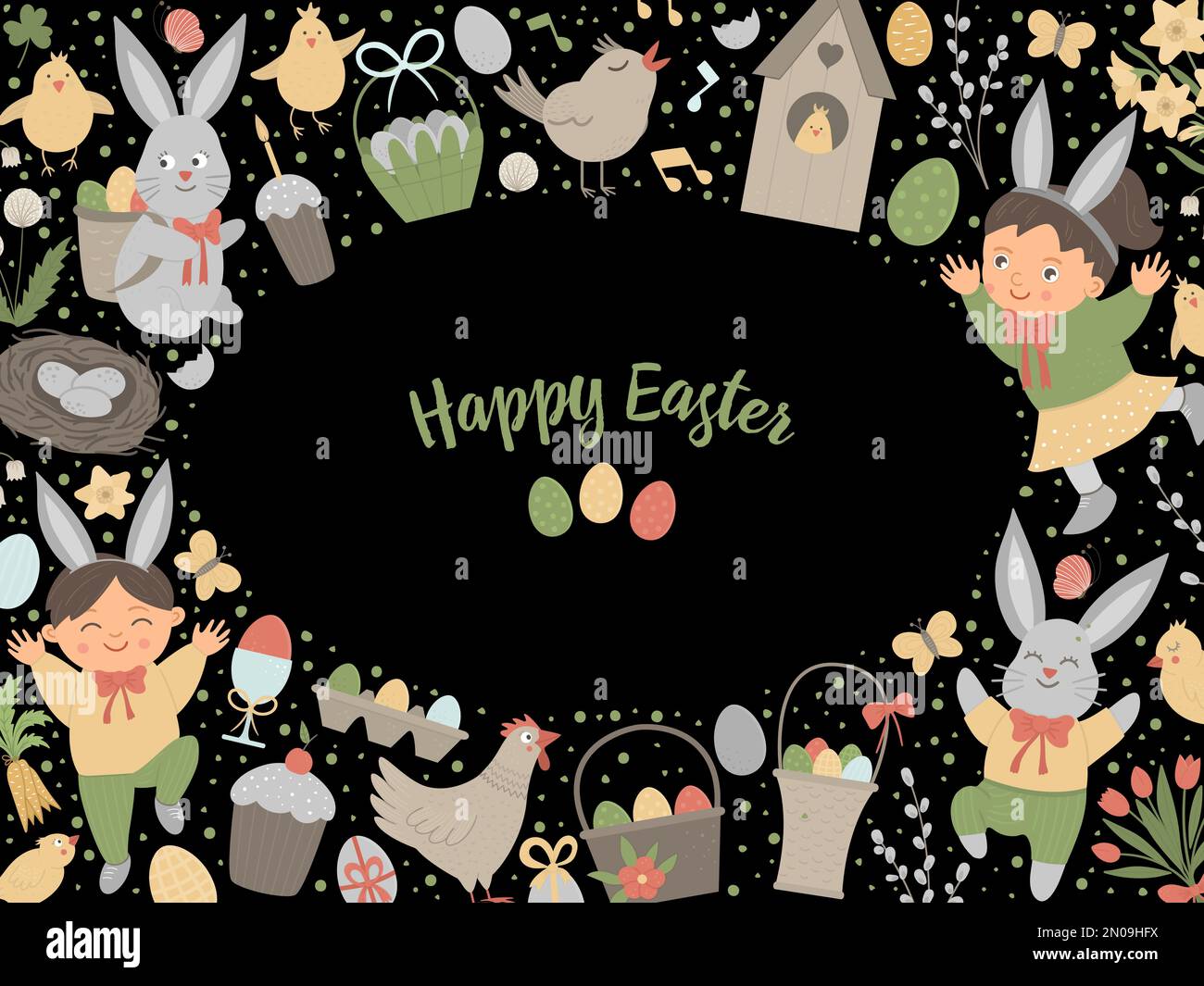 Vector Easter horizontal layout frame border with bunny, eggs and happy ...