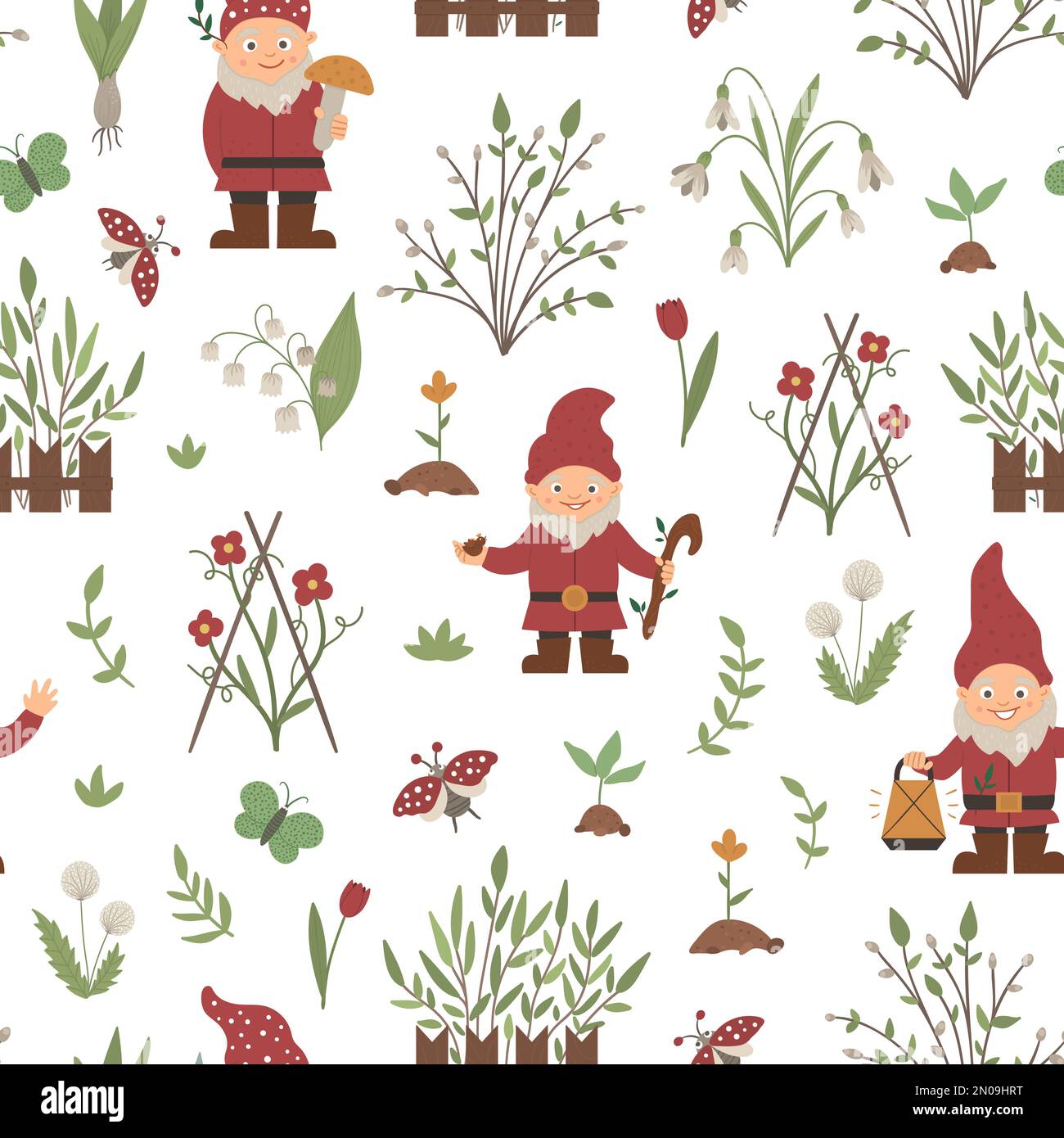 Vector seamless pattern with garden gnomes, bushes, flowers, herbs ...