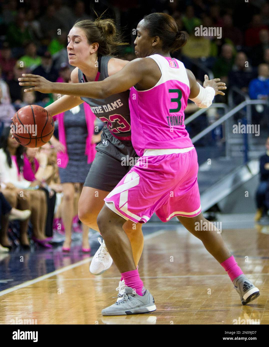 Notre Dame’s Michaela Mabrey (23) gets pressure from Miami’s Jessica ...